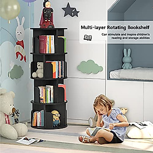 Aheaplus Rotating Bookshelf, 360 Display Corner Bookshelf for Small Space, 4 Tier Floor Standing Bookcase Storage Rack, Wood Narrow Book Shelf Organizer for Bedroom, Living Room, Study Room, Black