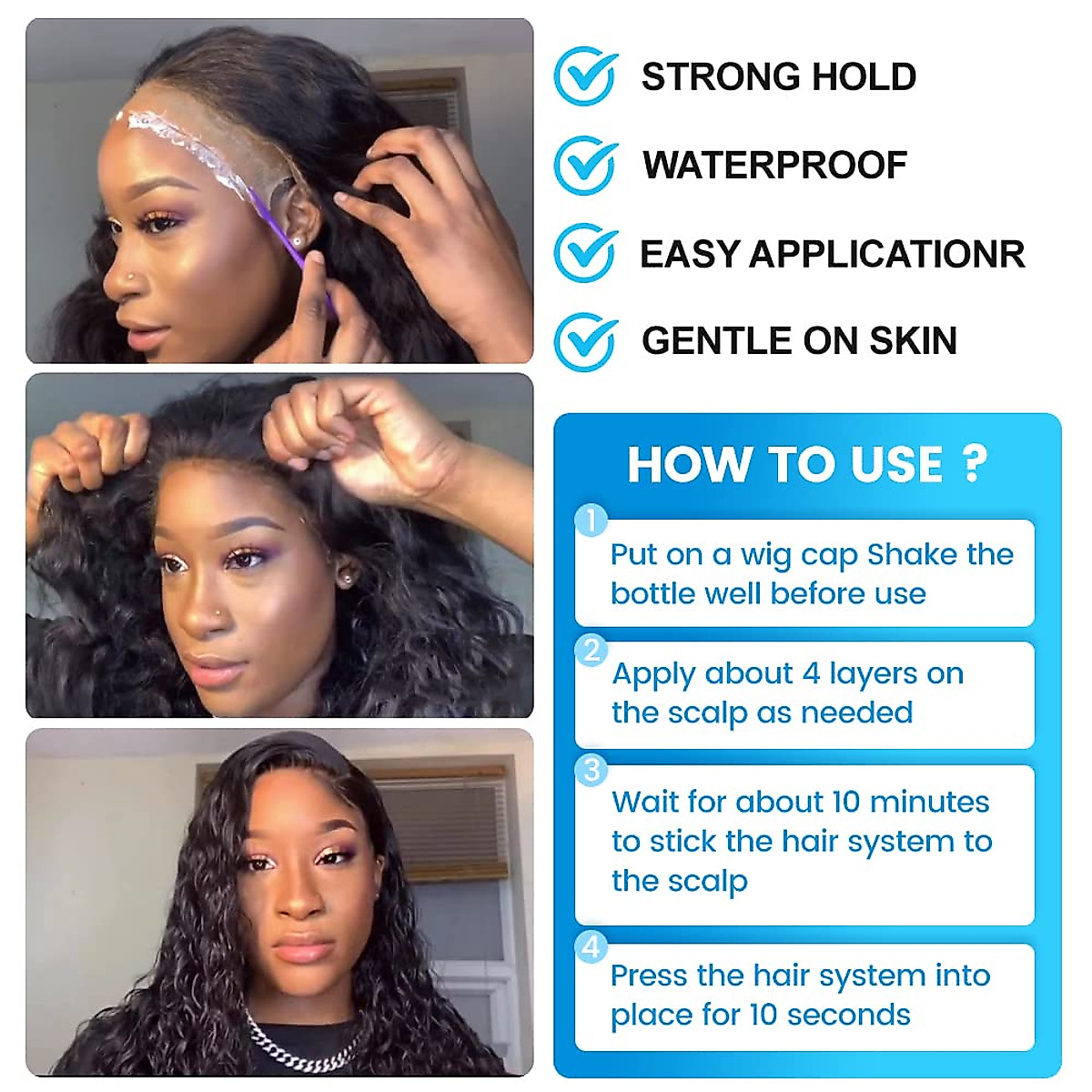 Lace Wig Glue Set 1.3oz Hair Glue, Waterproof Lace Glue and Hair Wax Stick Combo Pack, Wig Glue Remover, Elastic Band, Hair Dual Brush and False Eyelashes