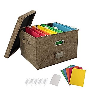 JSungo File Box with 5 Hanging Filing Folders, Document Organizer Storage for Office, Collapsible Linen Storage Box with Lids, Home Portable Storage with Handle, Letter Size Legal Folder, Brown