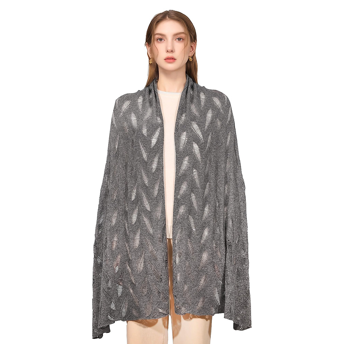 Mongoro Cashmere 30% Mongolian Cashmere 70% Australian Merino Wool Scarves Extra Large Pashmina Wrap Shawl Stole Grey Leaf/leaves Solid with Gift Box