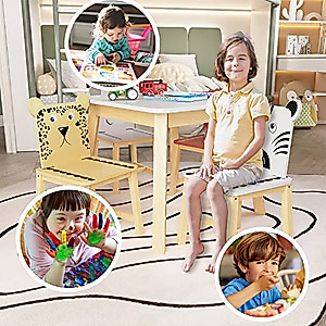 pouseayar 5 Piece Kids Table and Chair Set, MDF+Pine Toddler Wood Table with 4 Chairs Cartoon Animals for Ages 3-8 Easy to Wipe Arts & Crafts Table, for Daycares, Classrooms, Homes
