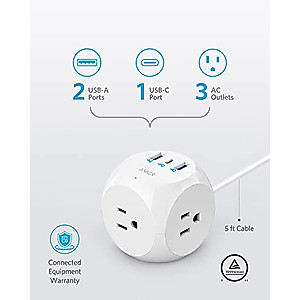 Anker Power Strip with USB C, PowerCube with 3 Outlets & 30W USB C,5ft Extension Cord and Travel Power Strip USB C, Anker 511 USB Power Strip, 2Outlets & 3USB Ports