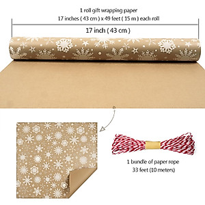 Christmas Wrapping Paper Roll, Brown Kraft Gift Wrapping Paper Jumbo Roll, Snowflake Christmas Wrapping Paper with Paper Rope, Christmas Wrapping Paper Roll for Girls Boys Women Men, 17x590 inch.