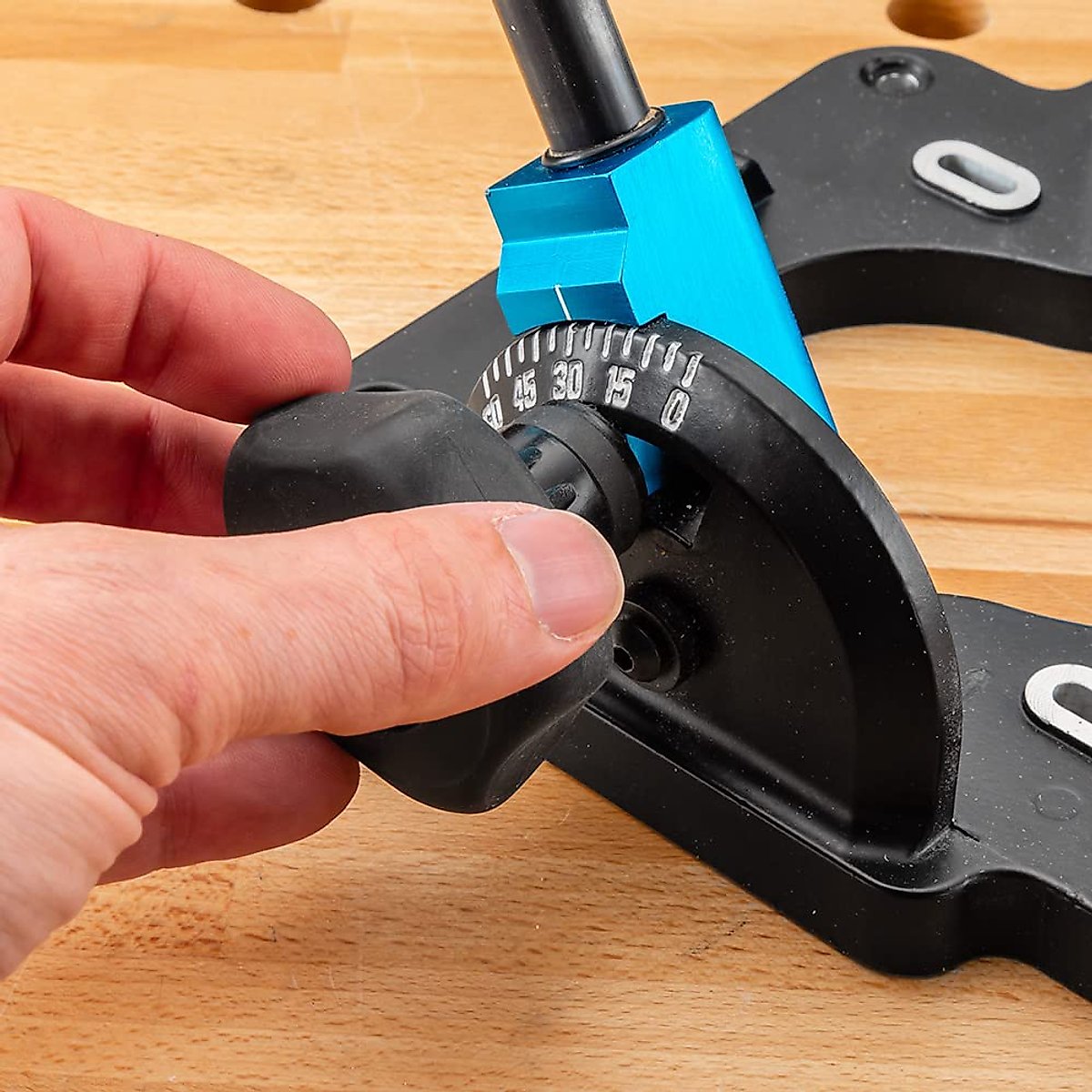 Rockler Drill Guide w/Chuck Key - Full-Size Drill Press Accessories for Small Shops - 0° to 60° Angle Drill Guide w/Easy-to-Read Protractor Scale - Self-Centering Portable Drill Guide