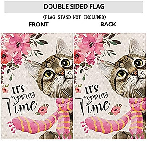 Spring Garden Flag for Outside 12x18 Double Sided,Cat with Sakura Scarf Small Yard Flag,Summer Seasonal Decors for Outdoor Anniversary Wedding Farmhouse Holiday