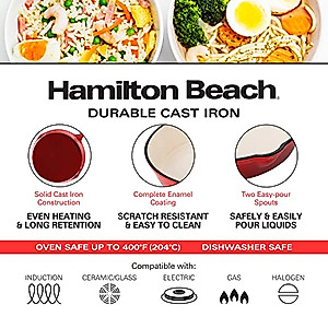 Hamilton Beach Enameled Cast Iron Fry Pan 8-Inch Red, Cream Enamel coating, Skillet Pan For Stove top and Oven, Even Heat Distribution, Safe Up to 400 Degrees, Smooth and Durable