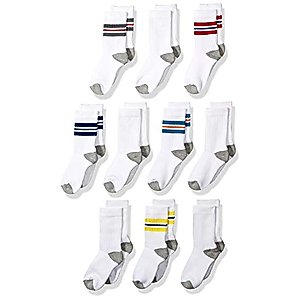 Amazon Essentials Boys' Cotton Crew Gym Socks, 10 Pairs, White Stripe, Medium