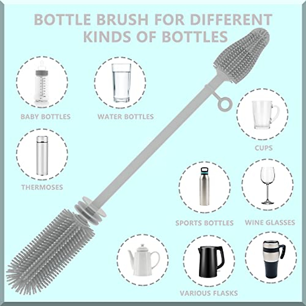 Silicone Baby Bottle Brush and Straw Cleaner Brush Set,Silicone Fully Encased Dish Brush,Versatile Deep Cleaning Long Water Bottle Brushes,Heat Resistant Sturdy Kitchen Brush,Hangable Cup Brush
