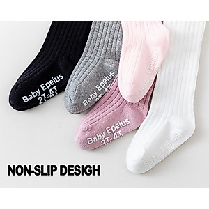 EPEIUS Baby Tights Baby Girls Non-Slip Ribbed Leggings Toddlers Girls Seamless Cotton Stockings Pantyhose Footed Tights 12-24 Months Black White Light Grey Pink 5 Pack M