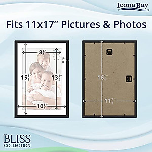 Icona Bay 11x17 Black Picture Frame Fits 16x10 Photos with Mat to 9x14 Image, Modern Style Wood Composite Poster Frame, Wall Mount Only, Bliss Collection