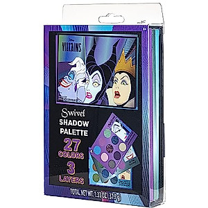 Townley Girl Disney Villians Water Based 27-Well Eyeshadow Swivel Palette, Shimmery and Opaque Colors, Pigmented Blendable, Long-lasting Colors, Ages 3 and Up