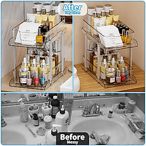 2 Sets Large Capacity Under Sink Organizers And Storage,Multi-Purpose 2 Tier 9.6"Tall Under Bathroom Sink Organizer and Under Cabinet Storage,Clear Pull Out Medicine Cabinet Organizer With 8 Dividers