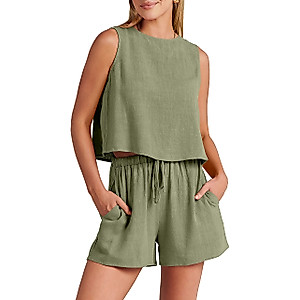 ANRABESS Women’s Summer 2 Piece Linen Shorts Sets Sleeveless Crop Top Romper Lounge Set 2024 Trendy Beach Outfits Olive Small