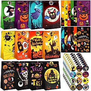 Qilery Halloween Party Favors for Kids with 96 Pieces Halloween Candy Bags Trick or Treat Bulk Halloween Goodie Bags and 96 Pcs Halloween Stickers for Party Supplies Gifts, 12 Styles(Scary Style)