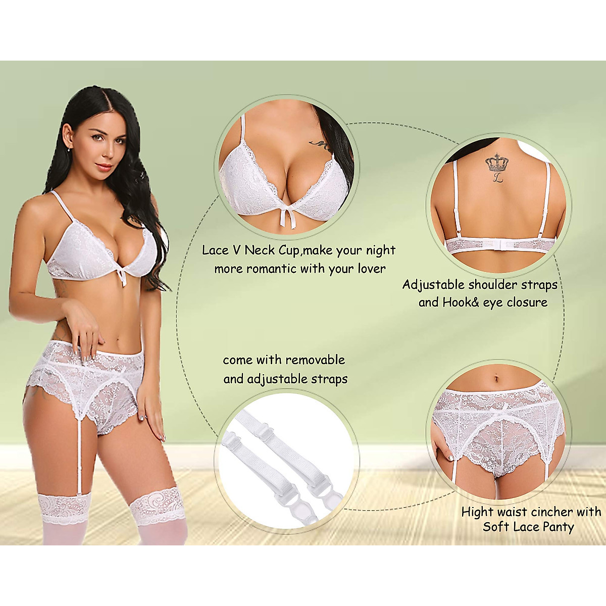Avidlove Women Lace Lingerie Set with Garter Belts Strap Babydoll Bralette Bra and Panty Set (L Pure White)