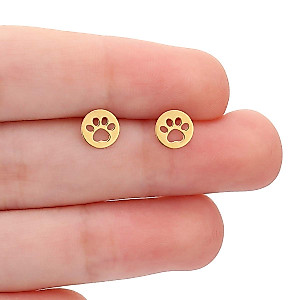 Solid 14K Yellow Gold Tiny Small Dainty Polished Paw Open Disk Dot Stud Earrings (Open Paw)