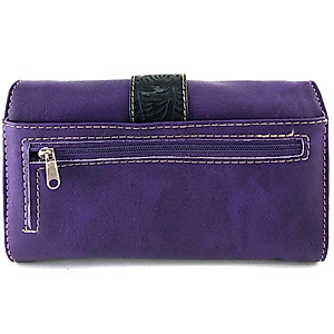 Justin West Tooled Laser Cut Leather Floral Embroidery Rhinestone Buckle Studded Shoulder Concealed Carry Tote Style Handbag Purse (Purple Purse and Wallet Set)