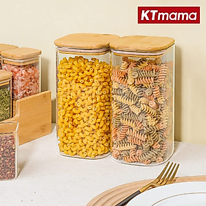 KTMAMA Airtight Glass Storage Canister with Lid (50oz), Clear Food Storage Container Jar with Sealing Bamboo Lid for Noodles Flour Cereal Rice Sugar Tea Coffee Beans, Square Set of 3