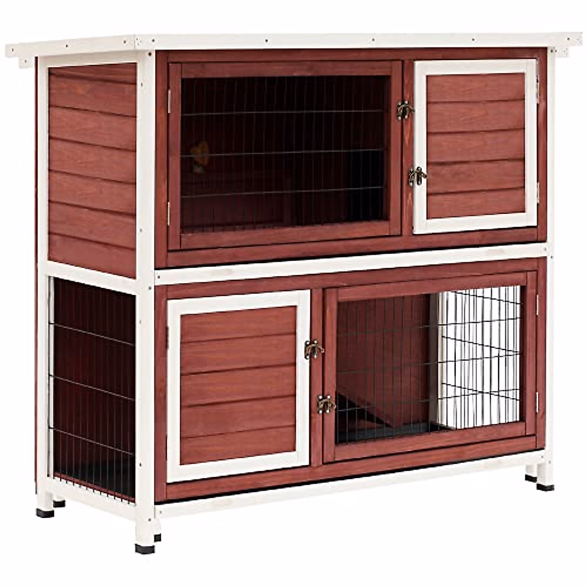 PawHut 48" 2-Story Wooden Rabbit Hutch Elevated Bunny Cage Small Animal Habitat Guinea Pig House with Ramp, No Leak Tray and Weatherproof & Openable Top, Outdoor/Indoor