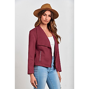 PRETTYGARDEN Women Cropped Jackets 2024 Fall Long Sleeve Faux Suede Leather Coats with Pockets (Wine Red,Large)