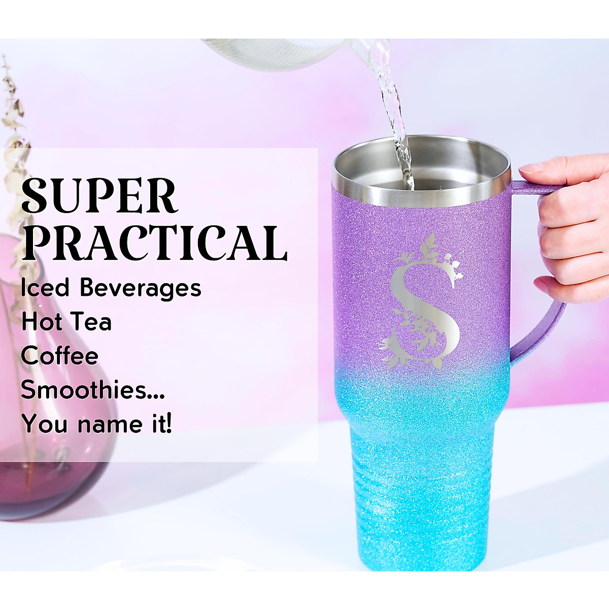 Personalized 40 oz Tumbler with Handle for Women, Monogrammed Travel Mugs with Initials, Unique Gifts for Her on Birthdays Christmas, Purple, C