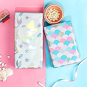 WRAPAHOLIC Wrapping Paper Roll - Mini Roll - 3 Rolls - 17 Inch X 120 Inch Per Roll - Mermaid Scale and Jellyfish Design with Colorful Foil for Birthday, Holiday, Baby Shower