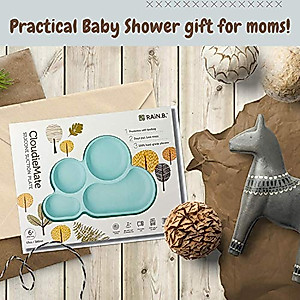 RAiN.B. CloudieMate Silicone Suction Plate with Built-in Placemat for Babies & Toddlers, Microwave Dishwasher Safe, Non-Slip Divided Plate with 4 Sections, BPA Free Food Grade Silicone /Glacier Blue
