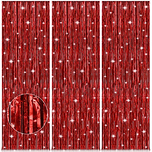 Accevo Red Party Streamers 3Pack Metallic Foil Fringe Curtains Streamers 3.3x8.2 Tinsel Streamers for Parties Valentine's Day Christmas Carnival Xmas New Year Decorations Casino Theme Party Decor