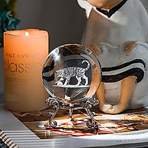 HDCRYSTALGIFTS 3D Crystal Ball with Silver-Plated Flowering Stand 2.4inch Laser Engraved Crystal Decorative Ball Glass Sphere for Home Decor Gift (Cat and String)