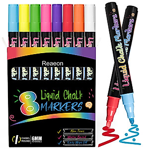 Chalk Markers, Vibrant Color Liquid Chalk Pens, for Chalkboard, Blackboard, Window, Glass, Mirror, Water-Based, Non-Toxic, 6mm Reversible Tip, 8 Pack
