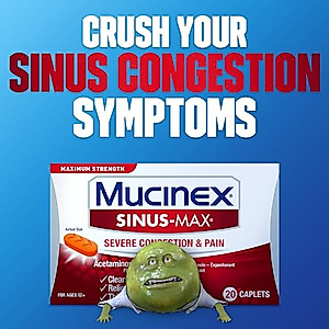 Mucinex Sinus Max Severe Congestion & Pain Relief, Maximum Strength Nasal & Sinus Relief, Decongestant for Adults, Acetaminophen Pain Reliever, Guaifenesin Expectorant and Mucus Removal, 20 Caplets