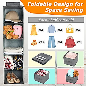 2 Pcs 5-Shelf Hanging Closet Organizer and 4 Pcs Removable Drawers, 11 x 11 x 39 Inch Hanging Storage Organizer Hanging Shelves for Closet Bedroom Dorm College Room, Clothes Socks Underwear Hat