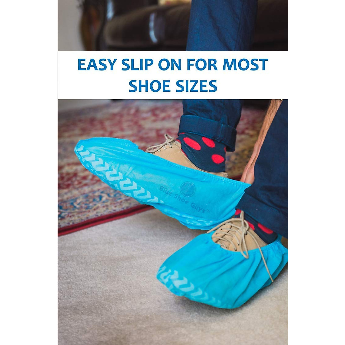 Blue Shoe Guys Premium Disposable Boot & Shoe Covers Booties | 100 Pack | Durable, Non-Slip, Non-Toxic, Water Resistant, Recyclable Protectors for Indoor & Outdoor | Large Size Fits Most Shoes