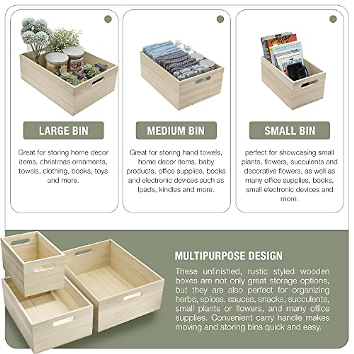 Sorbus Unfinished Wood Crates - Organizer Bins, Wooden Box for Pantry Organizer Storage, Closet, Arts & Crafts, Cabinet Organizers, Containers for Organizing (3 Pack)