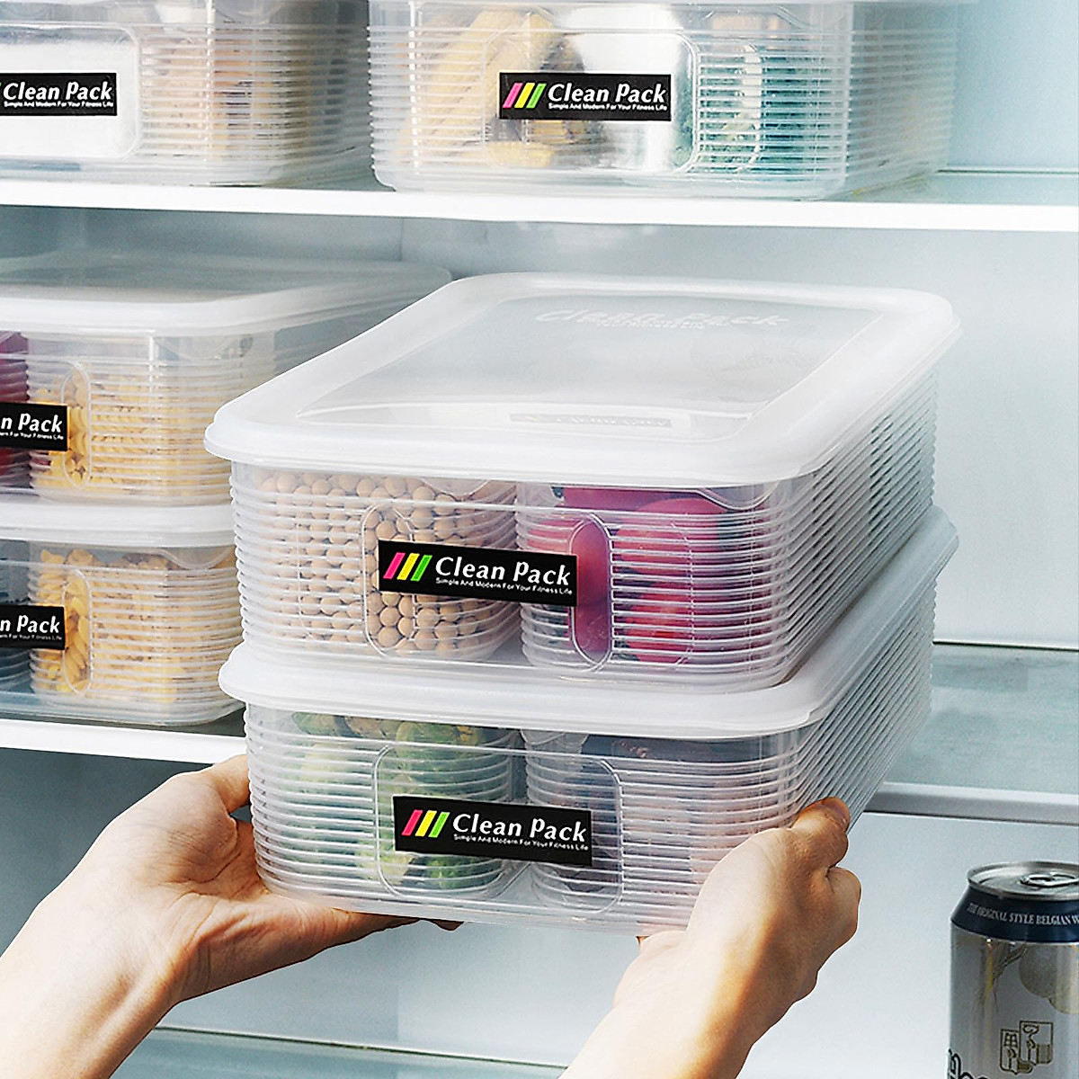 CD HOME 6 Compartment Snackle Box Container for Fridge, Divided Veggie Tray with Lid, Clear Refrigerator Organizer Bins Plastic Food Storage Containers for Snack, Fruit, Vegetable, Fish, Meat