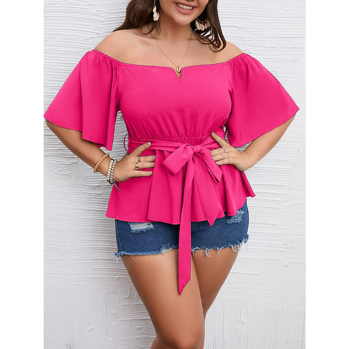 SCOMCHIC Women's Plus Size Off The Shoulder Peplum Blouse Top Half Bell Sleeve Tie Waist Ruffle Hem Babydoll Tops Rose Red