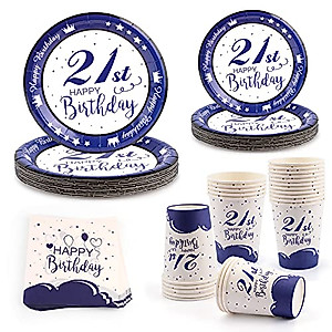21st Birthday Decorations for Her/Him, 96pcs Happy Birthday Plates and Napkins Navy Blue Party Tableware Set Party Supplies Paper Plates Napkins Cups 21st Birthday Plates - Serves 24 Guests