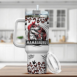 UNILYLY Tumbler 40 Oz With Handle Lid And Straw, Mamasaurus Leopard, Black Print, Mamasaurus Gifts, Keep Drinks Cold Hot, Leopard Print