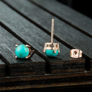 Turquoise Stud Earrings for Women Men 18k Rose Gold Plated 7mm Round Birthstone Earrings as Gift for Women
