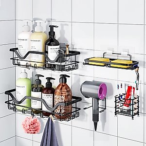 5 Pack Bathroom Shower Caddy Shelf Organizer, with Toothbrush/Soap Dishes/Hair Dryer Holder, No Drilling Wall Mount Adhesive Shelf for Inside Shower, SUS304 Storage Organizer Accessories (Black)