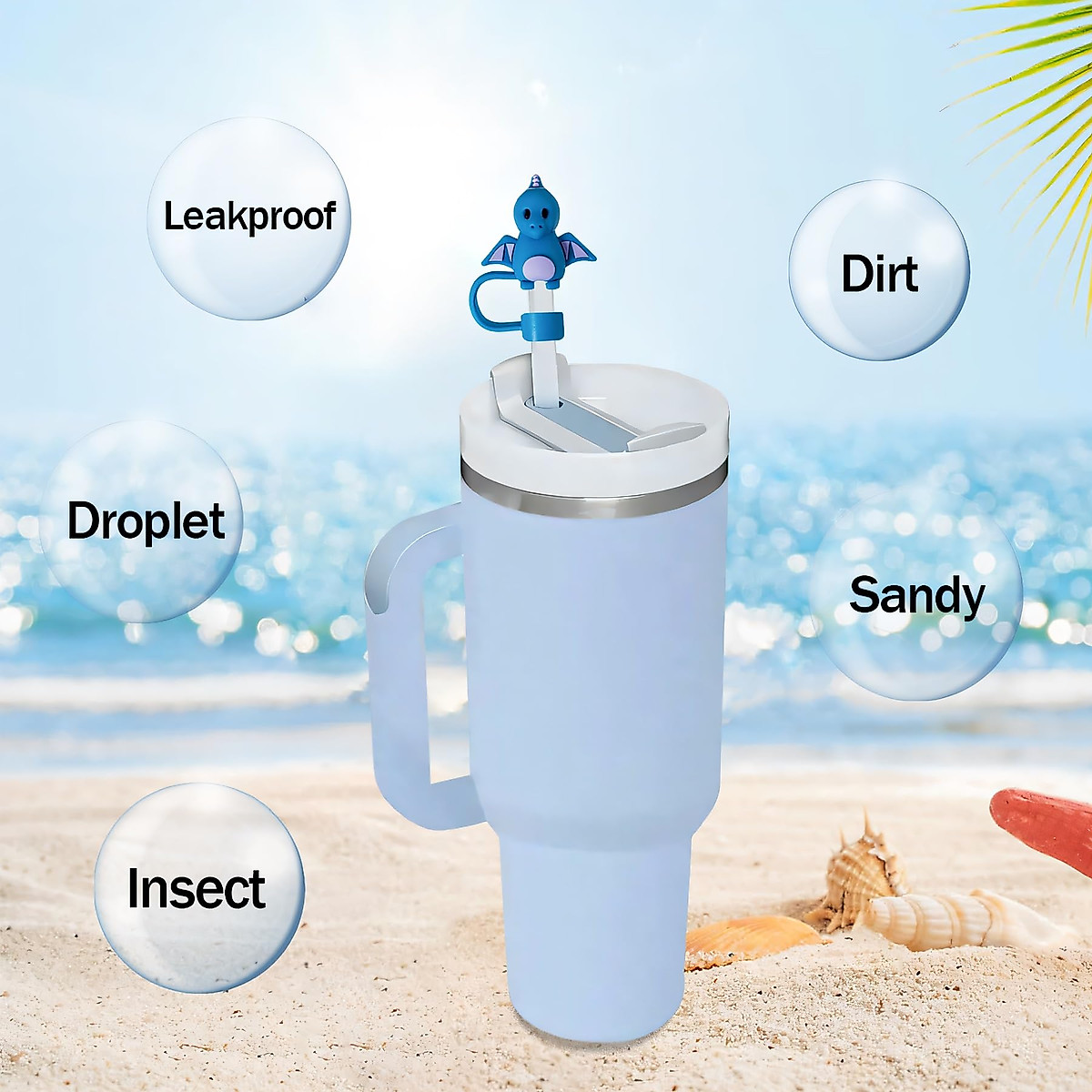 4 Pack Dinosaur Straw Cover Cap for Stanley Cup 30&40 Oz Tumblers, 0.4in/10mm Silicone Straw Topper Protector Lid with Cute Dinosaurs Kids Cup Accessories