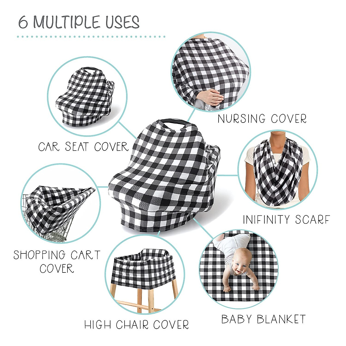 The Peanutshell 6 in 1 Multi Use Nursing Cover | Buffalo Check | Cover for Nursing, Car Seat, High Chair, Shopping Cart, Blanket, Breastfeeding Scarf…