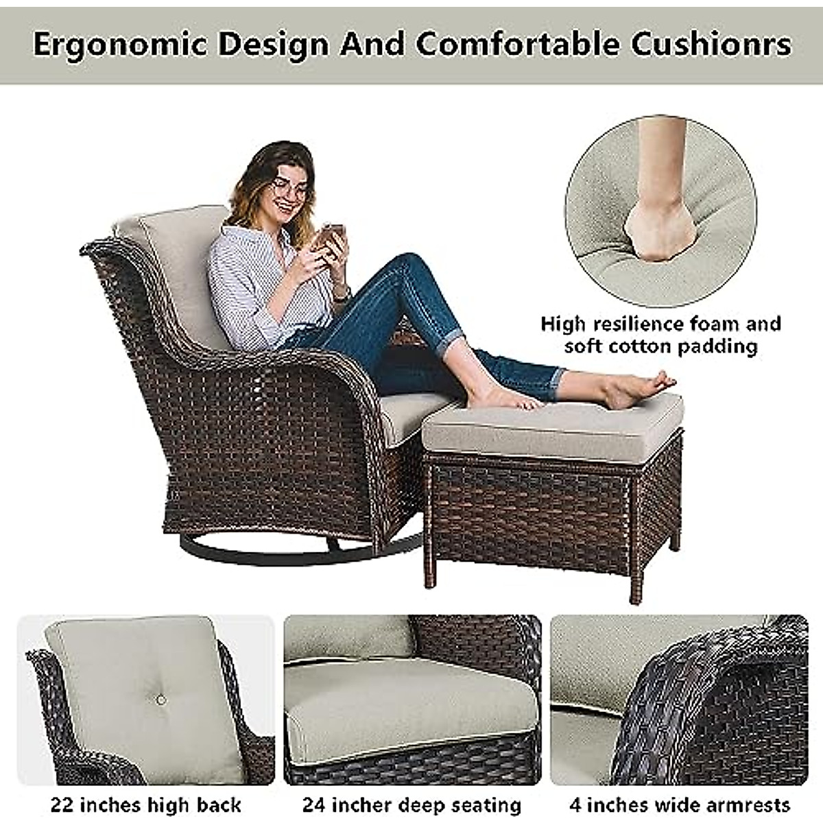 Belord Patio Furniture Beige Cushions with Removable Cover, 1 Pair of Cushions Including 1 Seat Cushion and 1 Back Cushion