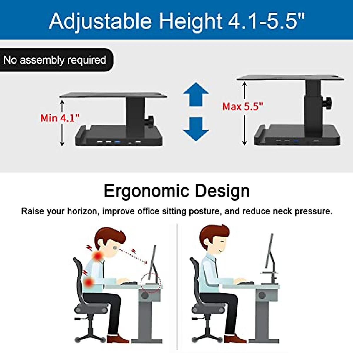AQQEF Monitor Stand, Height Adjustable Computer Monitor Riser for Desk, Ergonomic Desktop Monitor Stand for Laptop, Computer, iMac (Metal -with USB HUB & Charger)