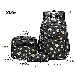 ZHIERNA School Backpack 3PCs Daisy Prints Set With Lunch Bag, Bookbags with Pen Case For Teen Girls Kindergarten Elementary（Black）