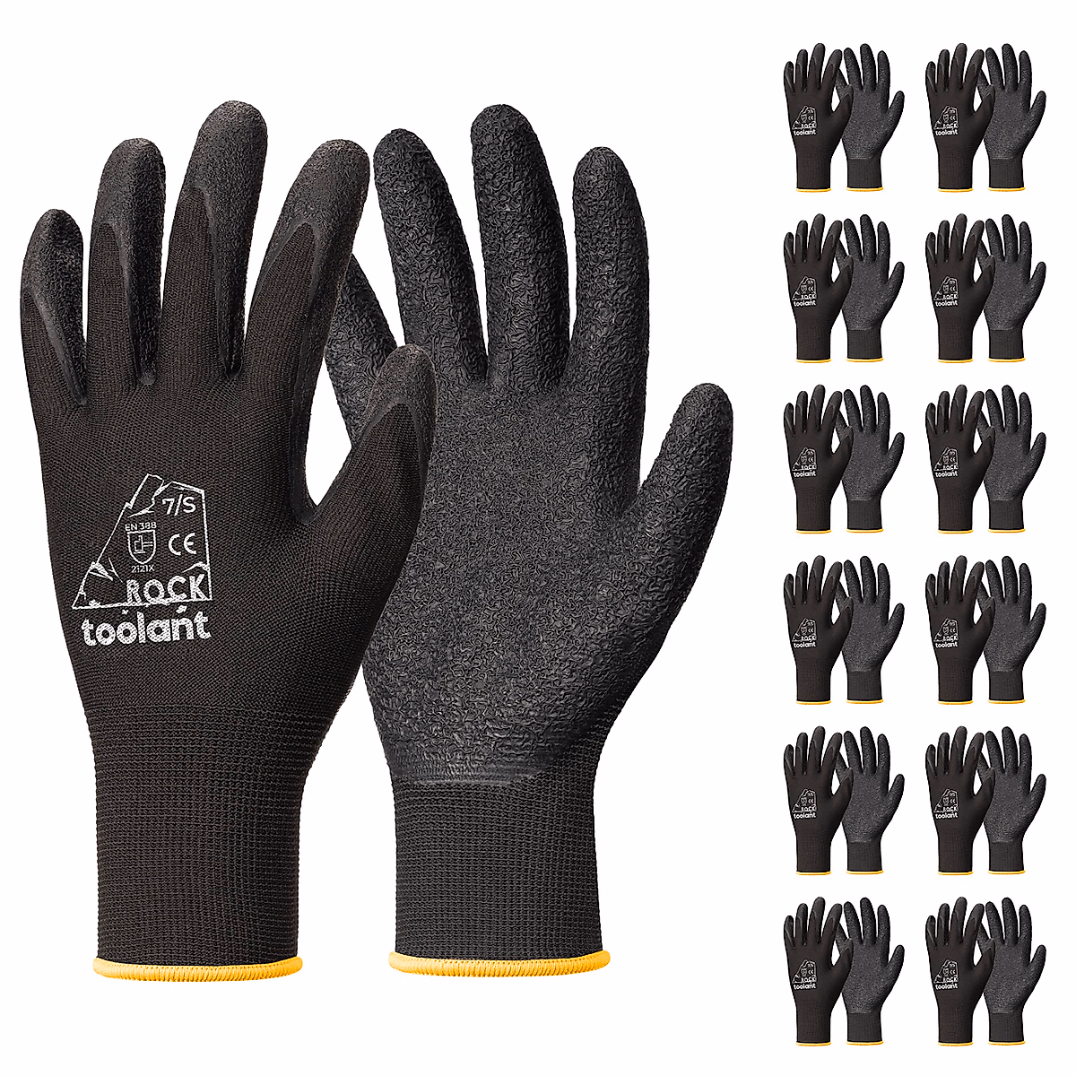 toolant Work Gloves Men, 12 Pairs Crinkle Latex Rubber Gloves for Construction, Gardening, Warehouse (Black, Large)