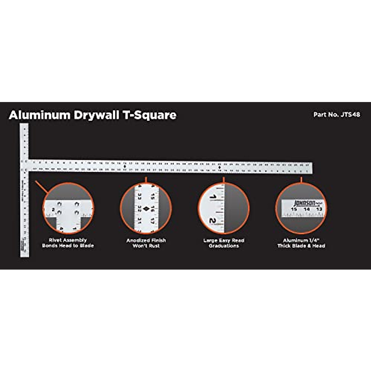 Johnson Level & Tool JTS48HD Heavy Duty Professional Aluminum Drywall T-Square, 48", Silver, 1 Square