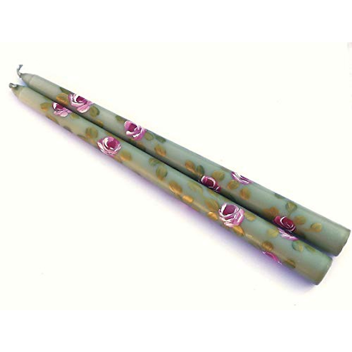 Dripless Unscented Olive Sage Green Romantic 10 Inch Long Taper Dinner Candles Set with Painted Pink Roses