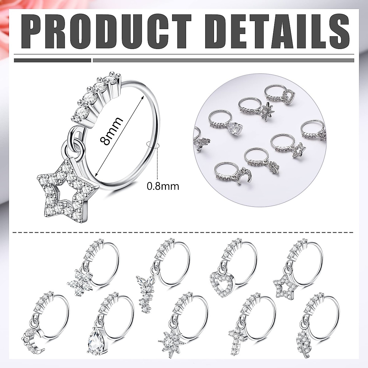 ORAZIO 9Pcs Dangle Nose Rings Dangling Nose Hoops 20G Nose Rings for Women, cubic-zirconia