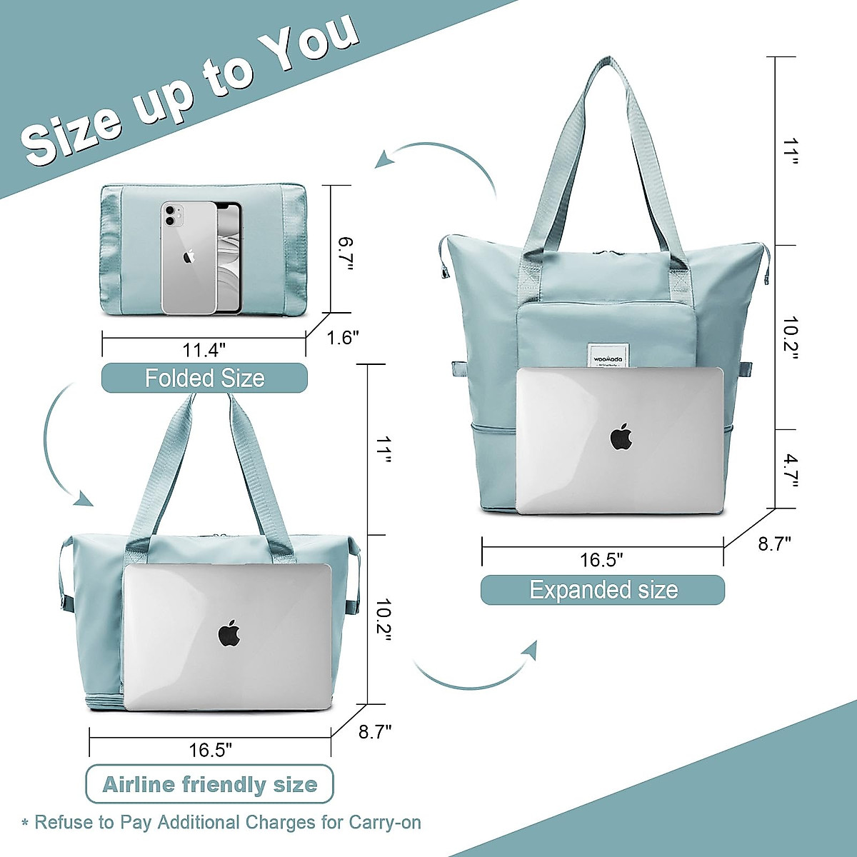 WOOMADA Foldable Travel Duffel Bag, Weekender Bags for Women, Tote Bag with Expandable Space, Carry on bags for airplanes with Wet Pocket & Trolley Sleeve, Gym Bag for Women, Lightweight (aquamarine)